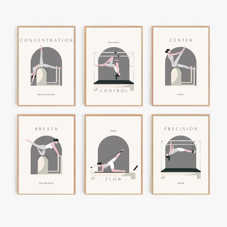Pilates Studio Wall Art Prints: Yoga Poses, Reformer Machine (set of 6 ...