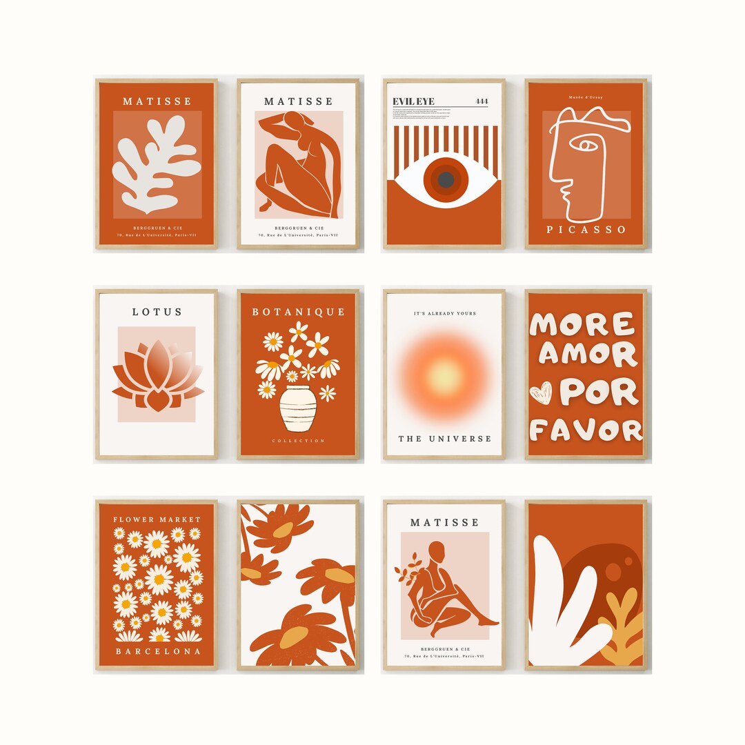 Set of 12 Orange Wall Art, Burnt Orange Botanical Prints, Matisse Green ...