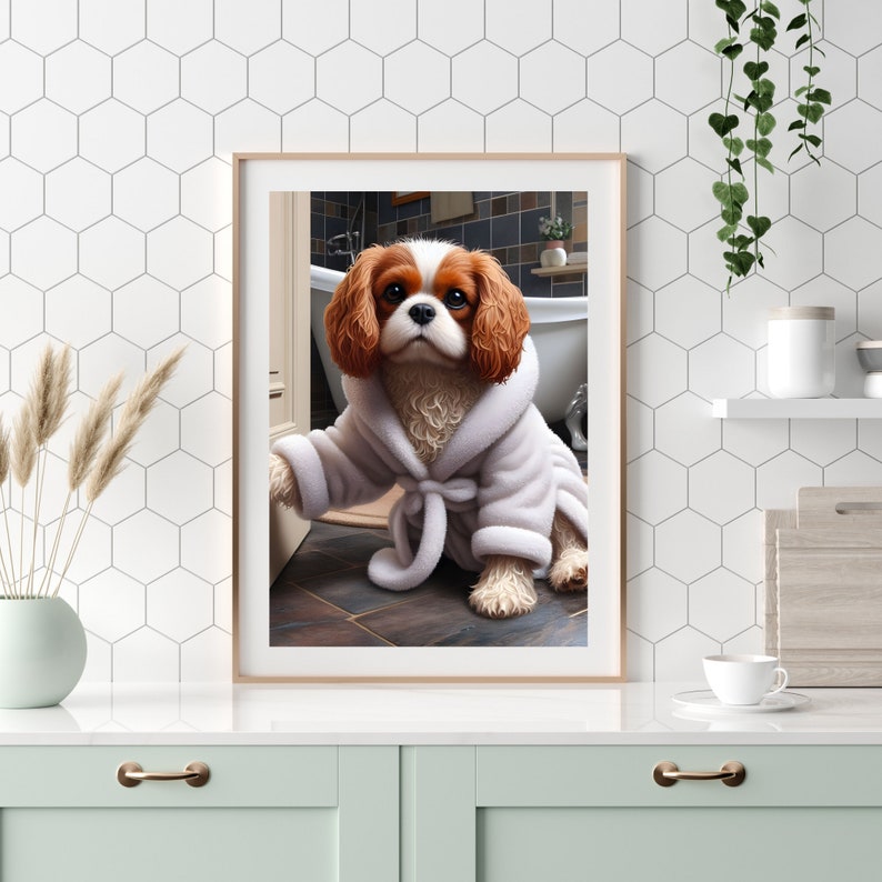 Cavalier King Charles Art Print: Funny Dog in Bath Robe (digital ...