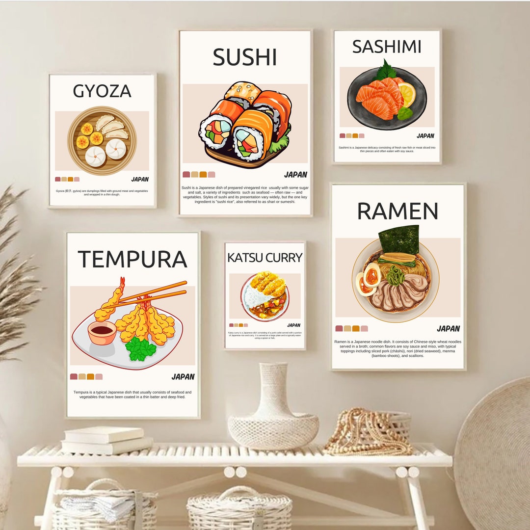 Asian Food Art Set of 6, Sushi Poster, Food Print, Modern Kitchen Decor ...