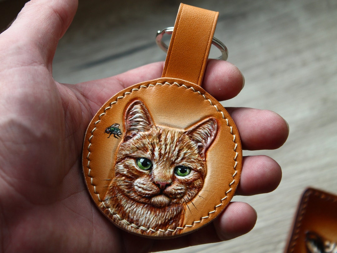 Embossed Leather Cat Keychain: Hand-painted Pet Portrait Keyring - Etsy