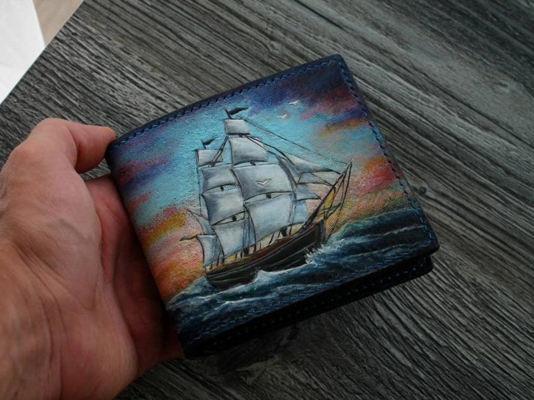 Ship Wallet. Hand-tooled Leather Ship Wallet, Sailboat Wallet, Carved ...