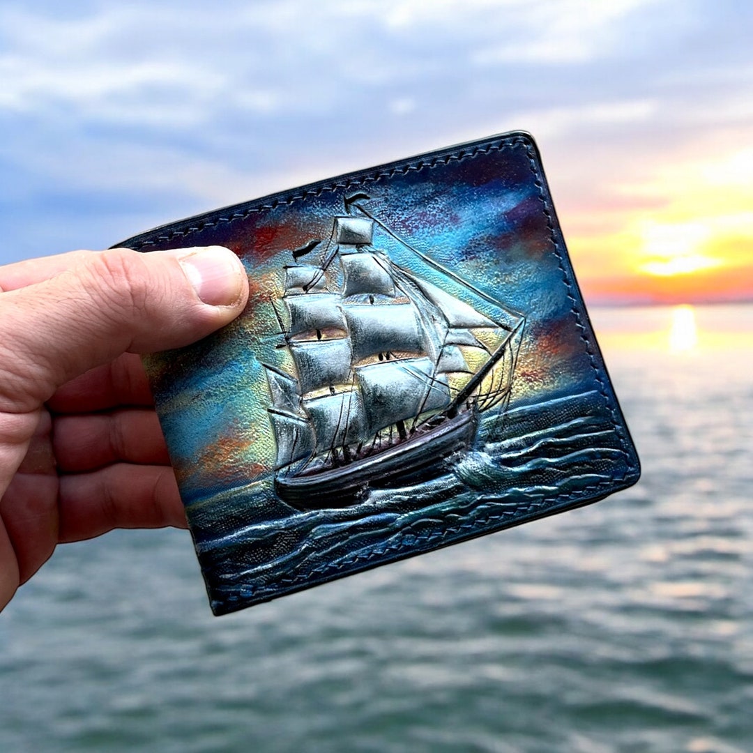 Ship Wallet. Hand-tooled Leather Ship Wallet, Sailboat Wallet, Carved ...