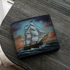 Ship Wallet. Hand-tooled Leather Ship Wallet, Sailboat Wallet, Carved ...