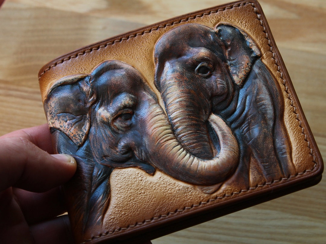 Hand-tooled Leather Wallet: Elephant Design, Custom Men's Gift - Etsy