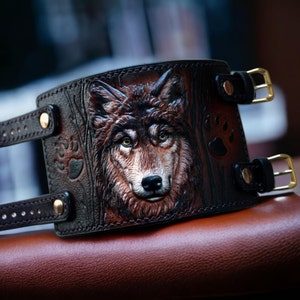 Black Leather Bracelet, Double Strap Leather Cuff, Wolf Wristband ...