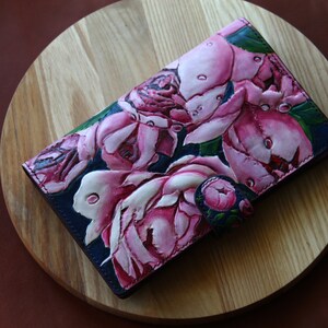 Leather Wallet, Flower Wallet Hand Tooled and Hand Painted Long Leather ...