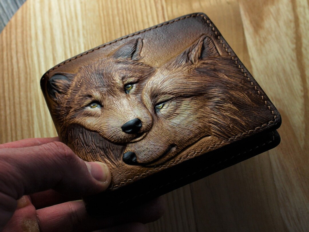 Hand-tooled Leather Wallet, Tooled Wallet "wolf Couple", Wolf Wallet ...