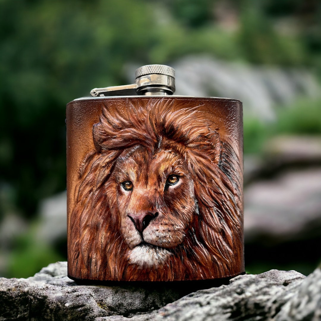 Carved Leather Flask, Lion Flask Tooled Leather Flask Handcrafted ...
