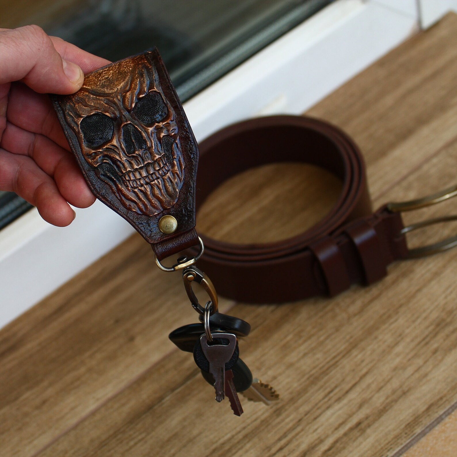 Belt Loop Key Ring Skull Keyring Leather Keychains Handmade - Etsy
