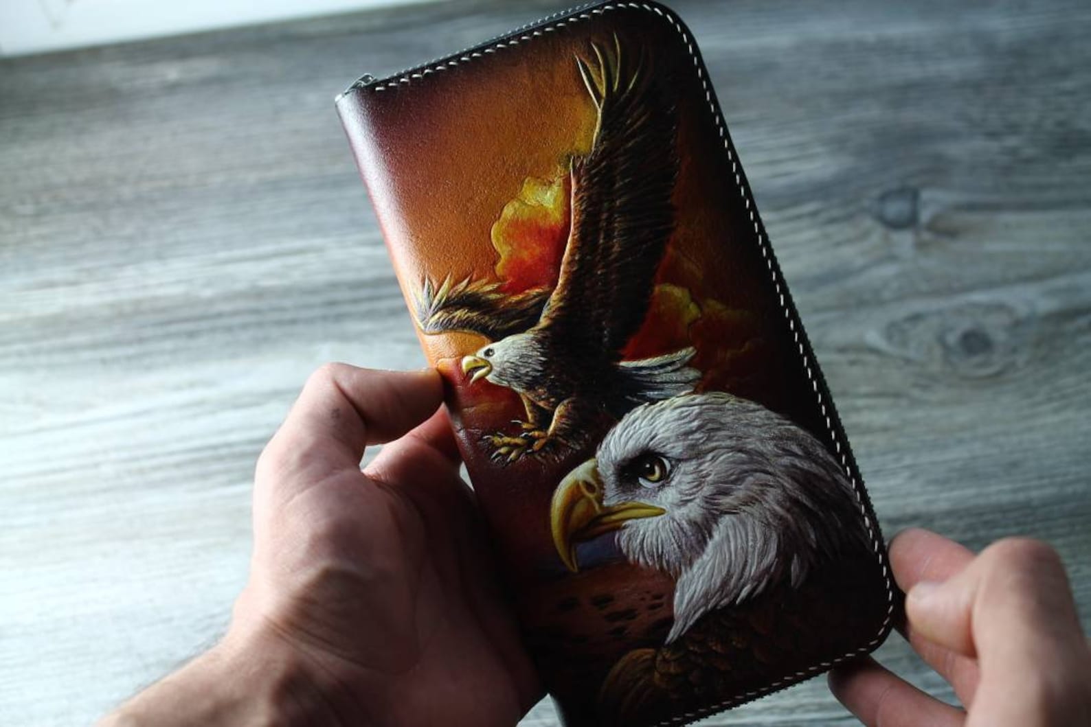 Leather Wallet Zipper Wallet American Eagle Hand Tooled Wallet - Etsy