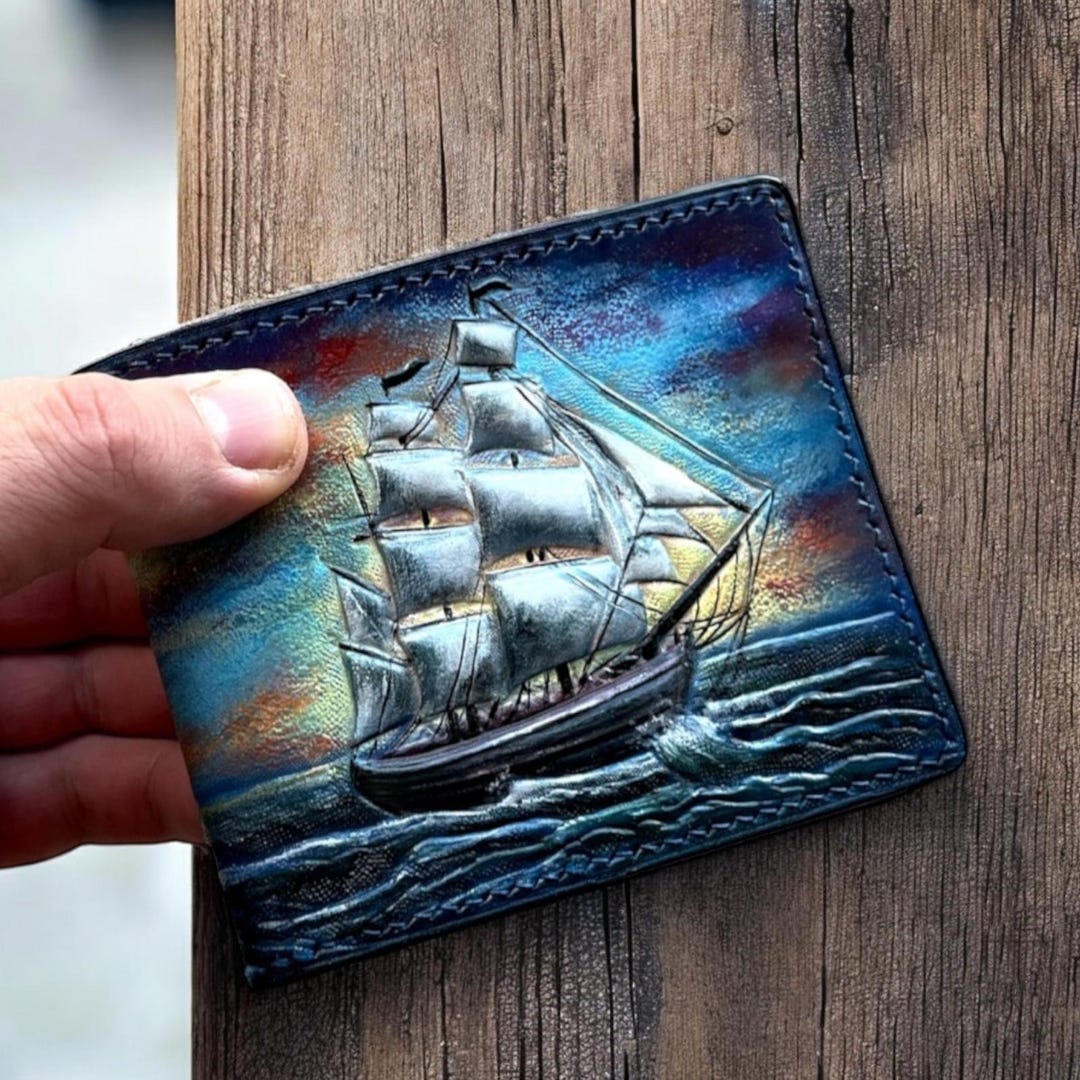 Hand-tooled Leather Ship Wallet: Carved Sailboat Design - Etsy