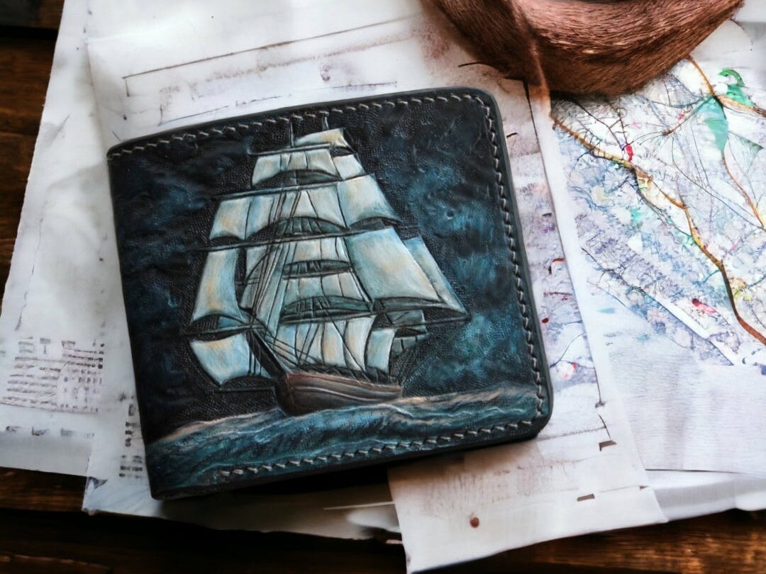 Hand-tooled Leather Ship Wallet, Sailboat Wallet, Carved Wallet, Tooled ...