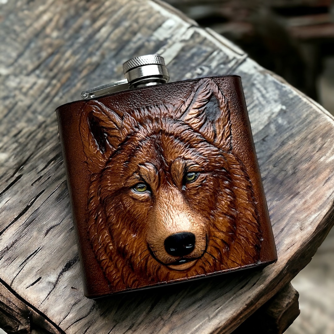 Carved Leather Flask Tooled Leather Flask Handcrafted Leather Bound ...