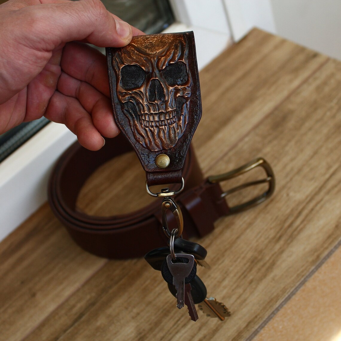 Belt Loop Key Ring Skull Keyring Leather Keychains Handmade - Etsy