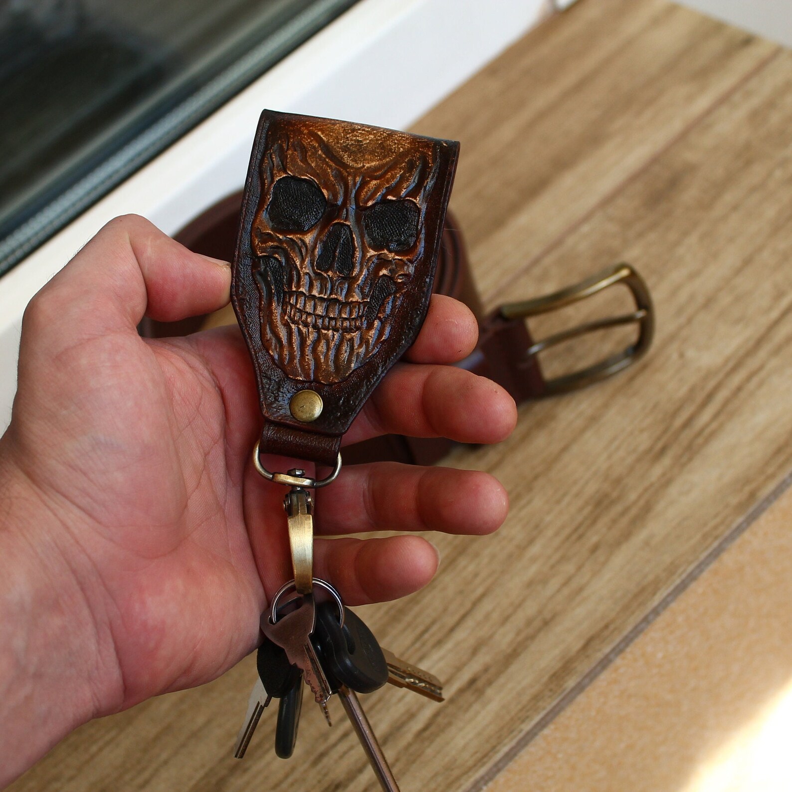 Belt Loop Key Ring Skull Keyring Leather Keychains Handmade - Etsy