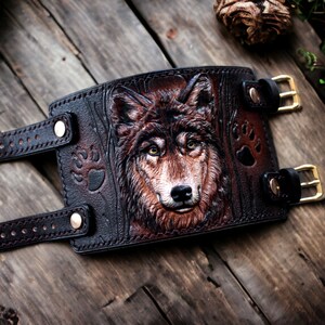 Black Leather Bracelet, Double Strap Leather Cuff, Wolf Wristband ...