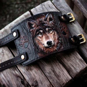 Black Leather Bracelet, Double Strap Leather Cuff, Wolf Wristband ...