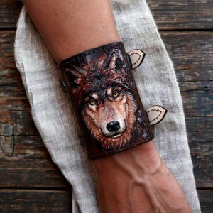 Black Leather Bracelet, Double Strap Leather Cuff, Wolf Wristband ...