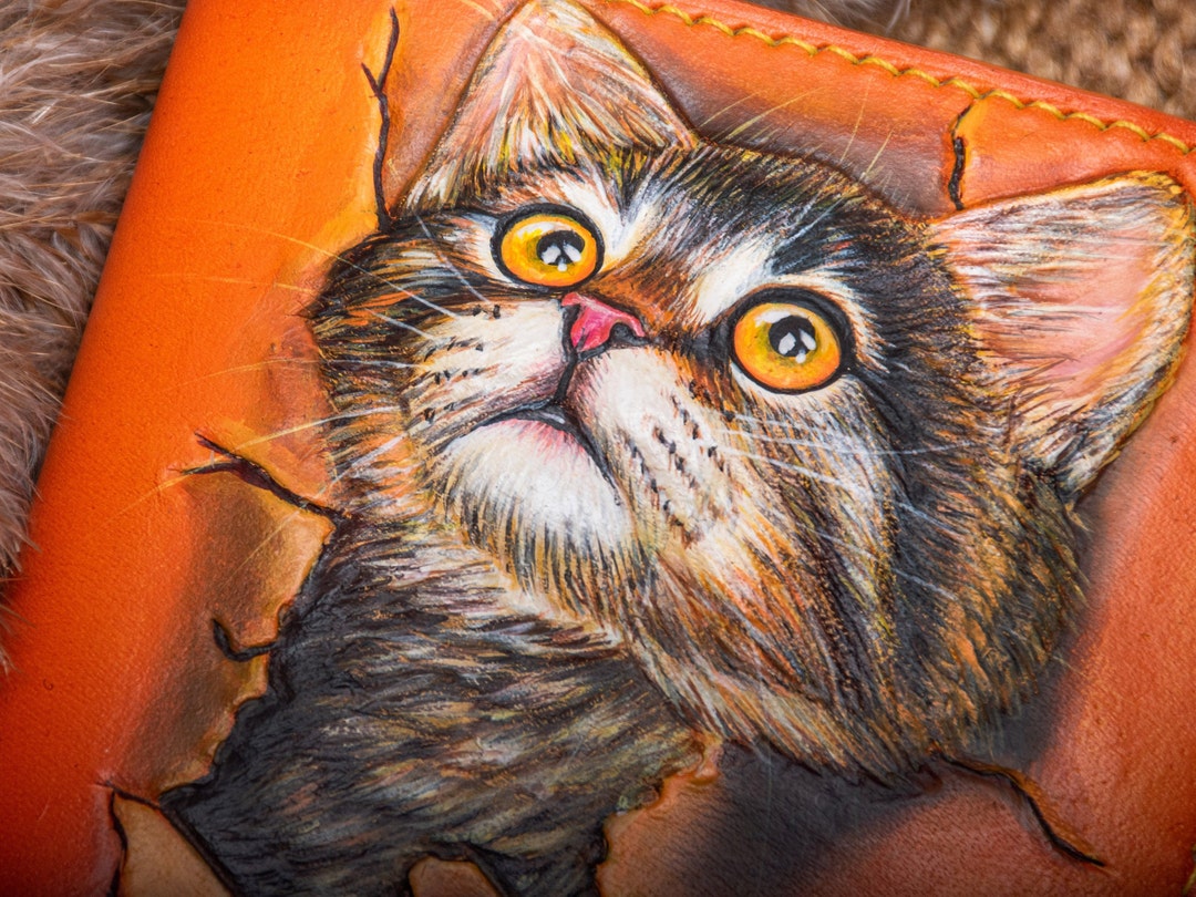 Leather Wallet Cat Wallet Hand Tooled Leather Wallet Hand Carved Walet ...