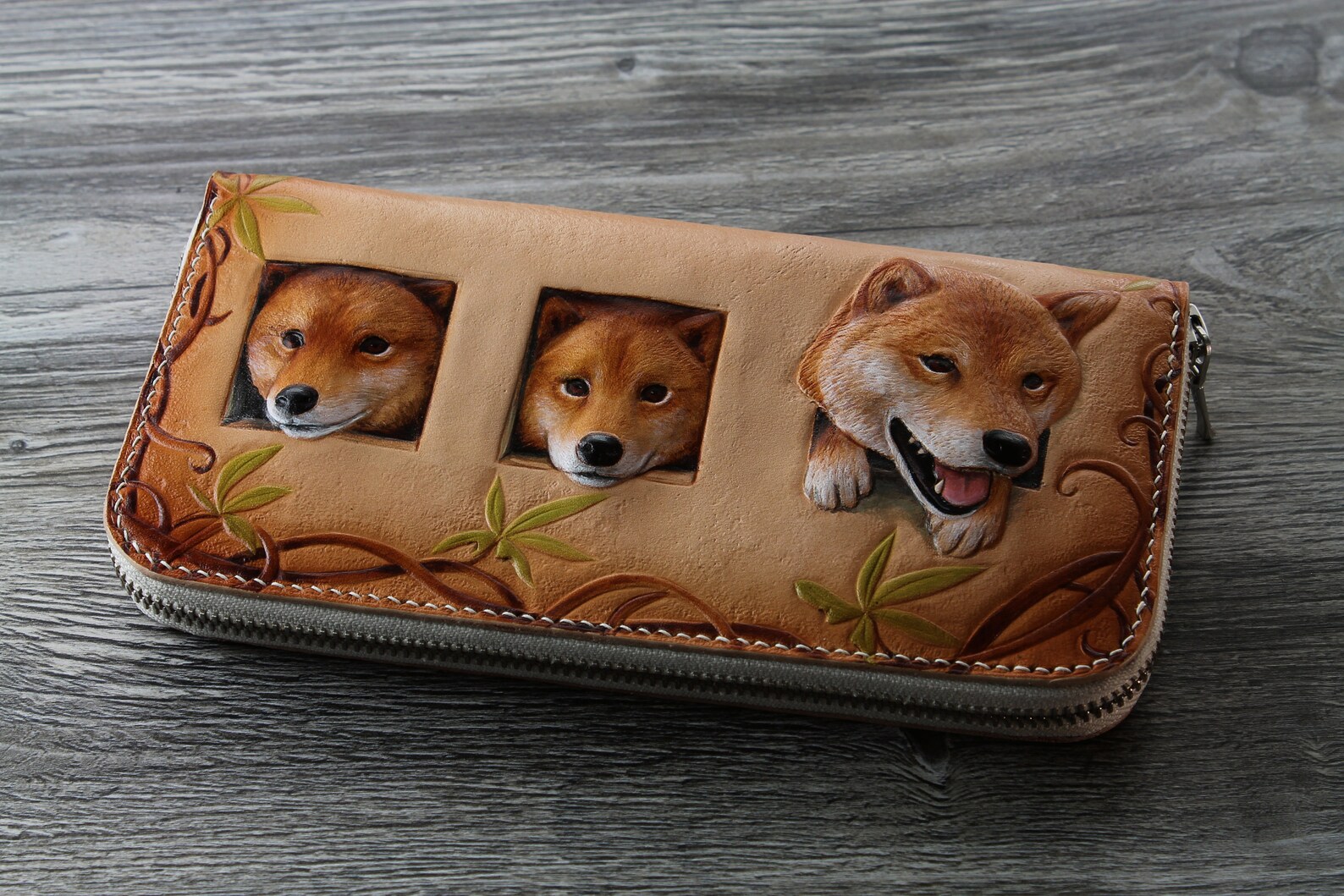 Pet Portrait Hand-tooled Wallet Zipper Wallet With Three | Etsy