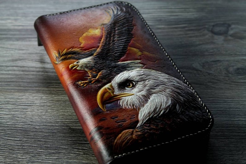 Leather Wallet Zipper Wallet American Eagle Hand Tooled Wallet - Etsy