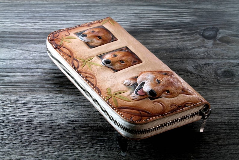 Pet Portrait Hand-tooled Wallet Zipper Wallet With Three - Etsy