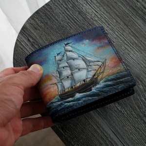 Ship Wallet. Hand-tooled Leather Ship Wallet, Sailboat Wallet, Carved ...