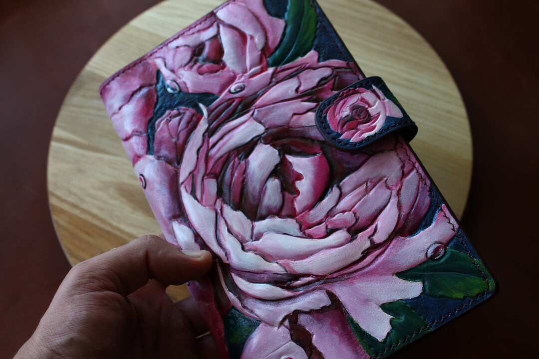 Leather Wallet, Flower Wallet Hand Tooled and Hand Painted Long Leather ...