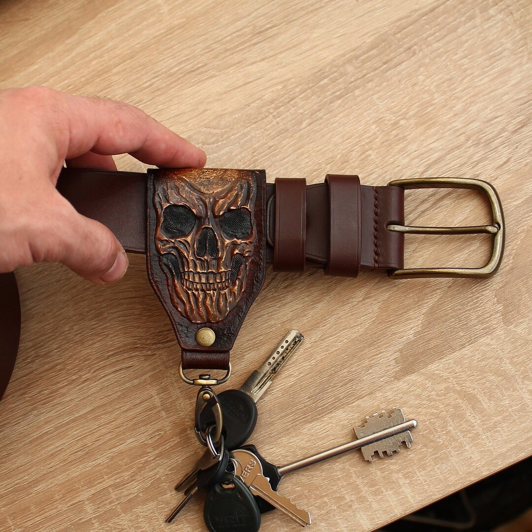 Belt Loop Key Ring, Skull Keyring Leather Keychains, Handmade Leather ...
