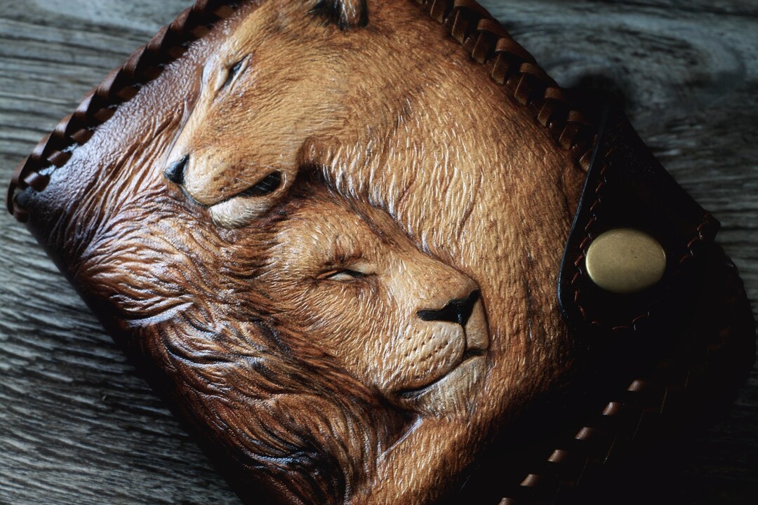 Hand Carved Leather Lion Wallet: Braided Vegetable-tanned Leather - Etsy