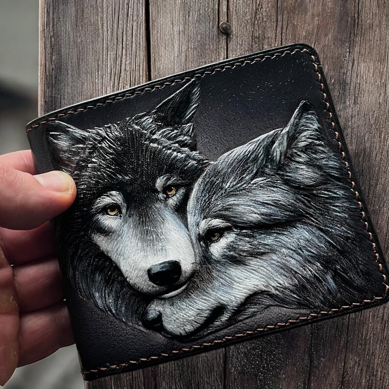 Hand Tooled 3D Wolf Couple Leather Bifold Wallet, Symbol of Loyalty ...