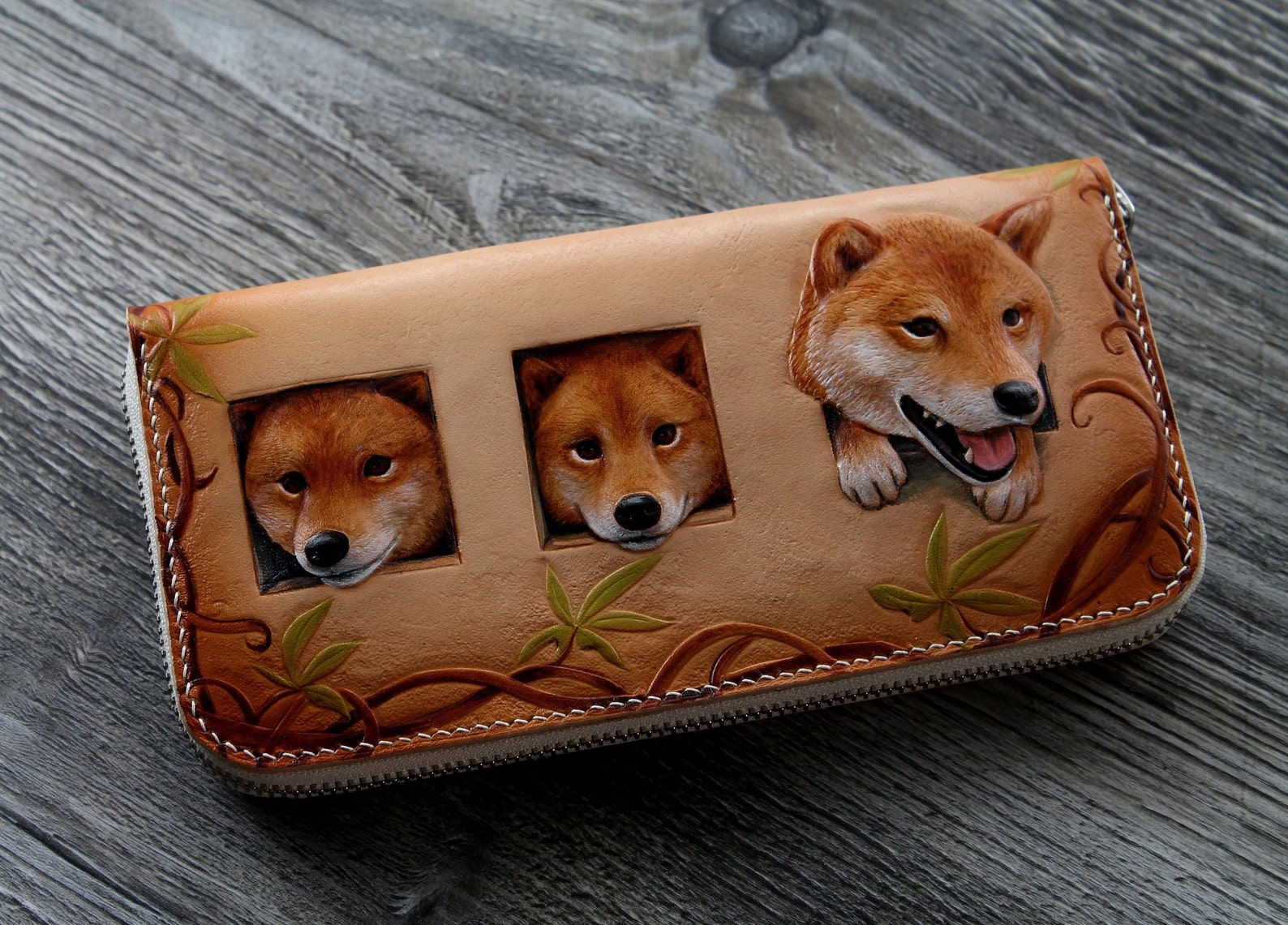 Pet Portrait Hand-tooled Wallet Zipper Wallet With Three - Etsy
