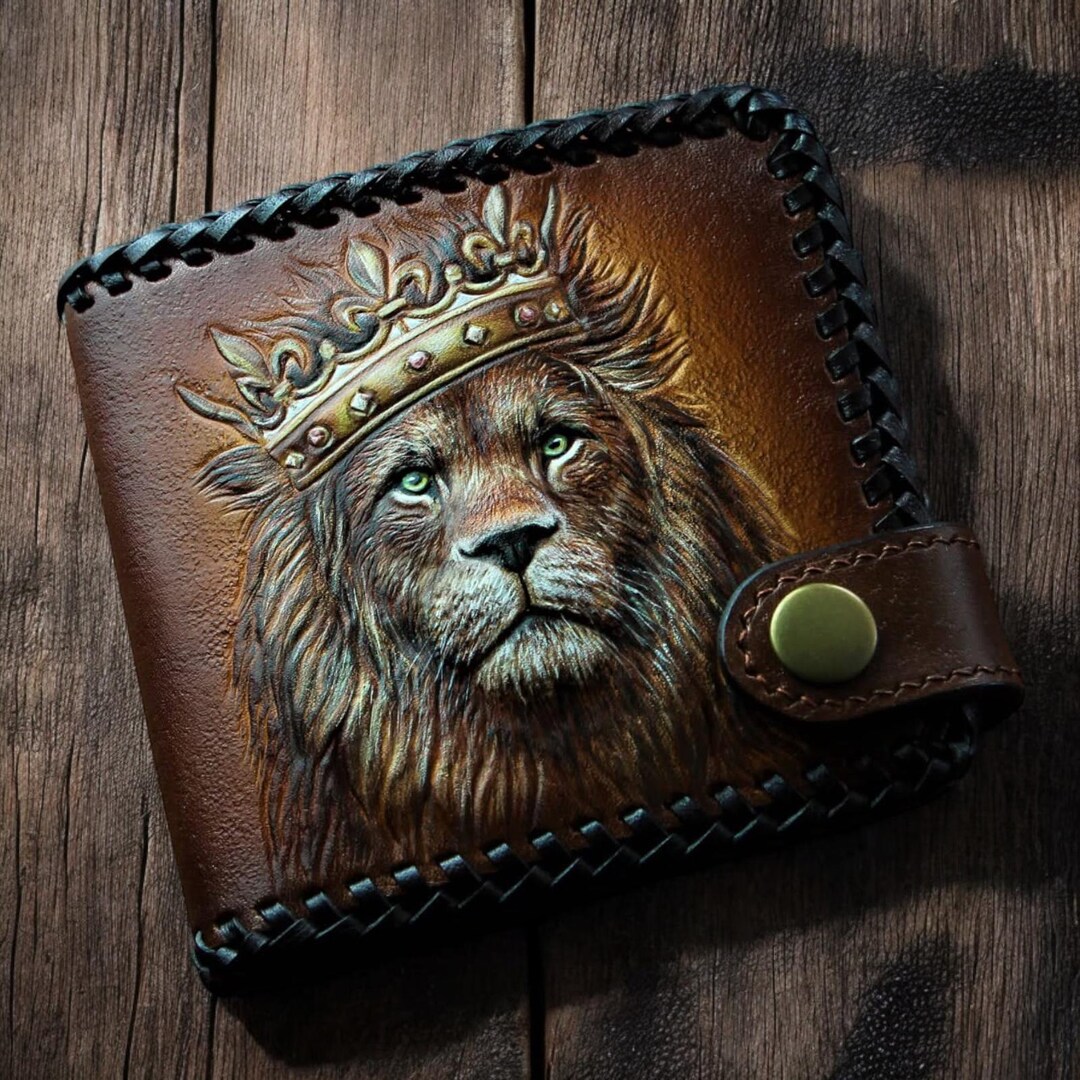 Hand-tooled Leather Lion Wallet, Braided Edges, Custom Engraved - Etsy