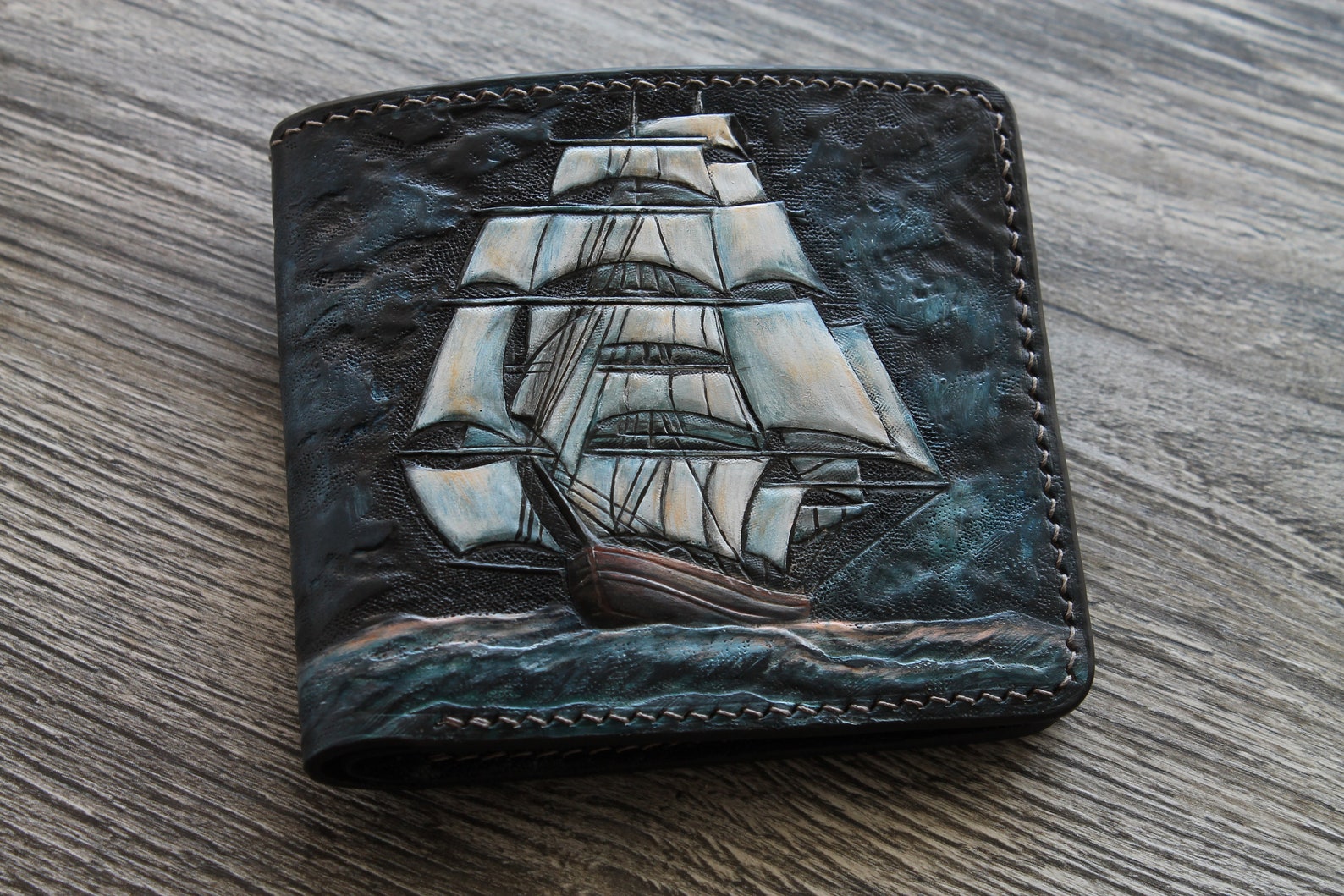 Hand-tooled Leather Ship Wallet Sailboat Wallet Carved - Etsy