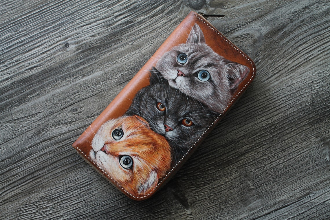Hand Painted Leather Cat Wallet: Custom Pet Portrait, Long Zip Clutch ...