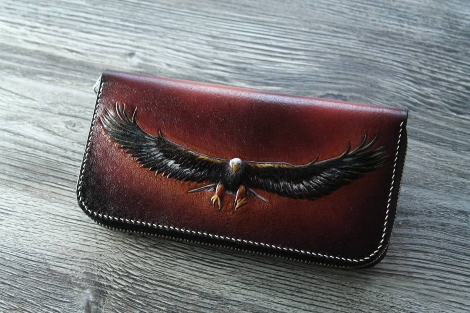 Leather Wallet Zipper Wallet American Eagle Hand Tooled Wallet - Etsy