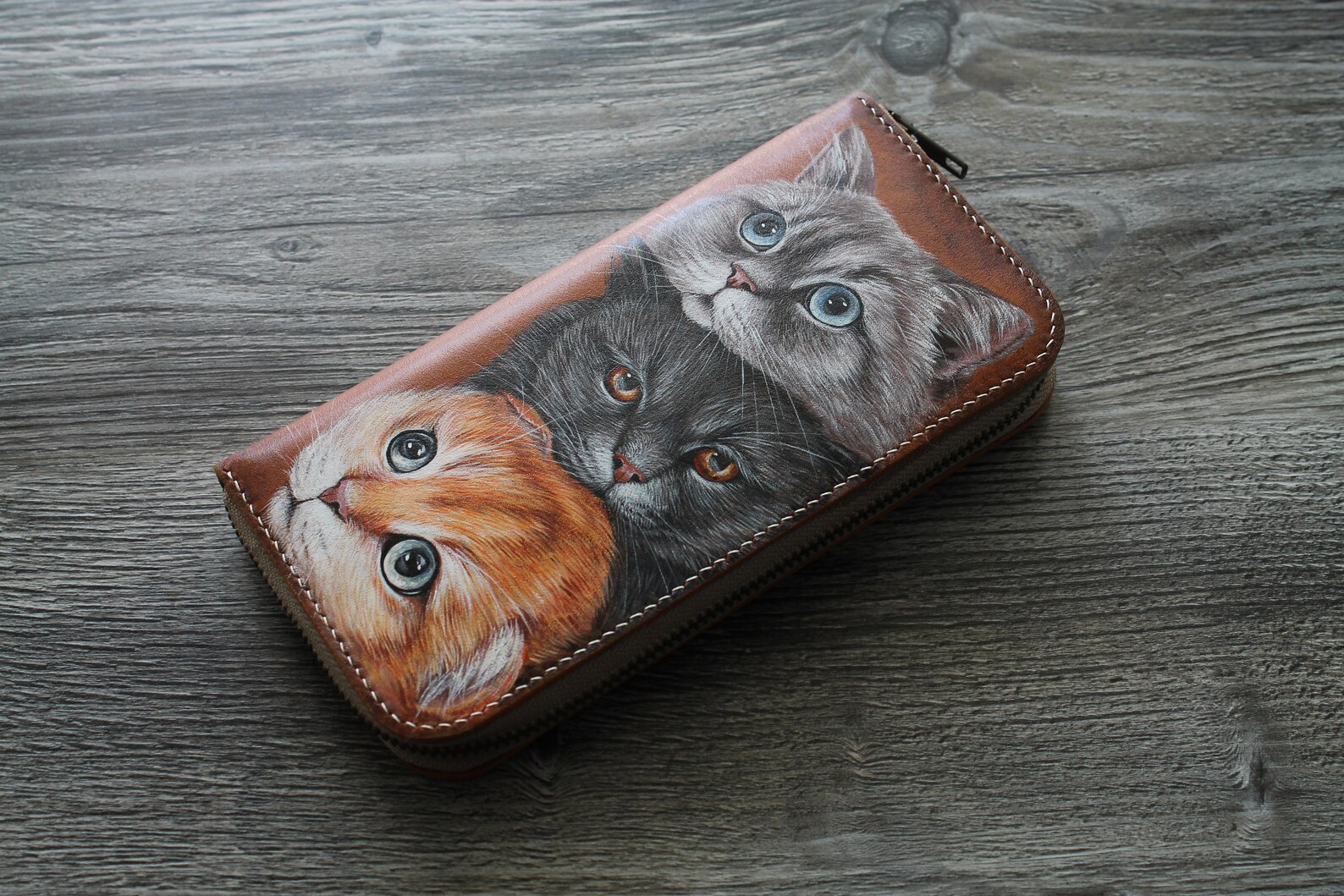 Hand Painted Leather Cat Wallet: Custom Pet Portrait, Long Zip Clutch ...