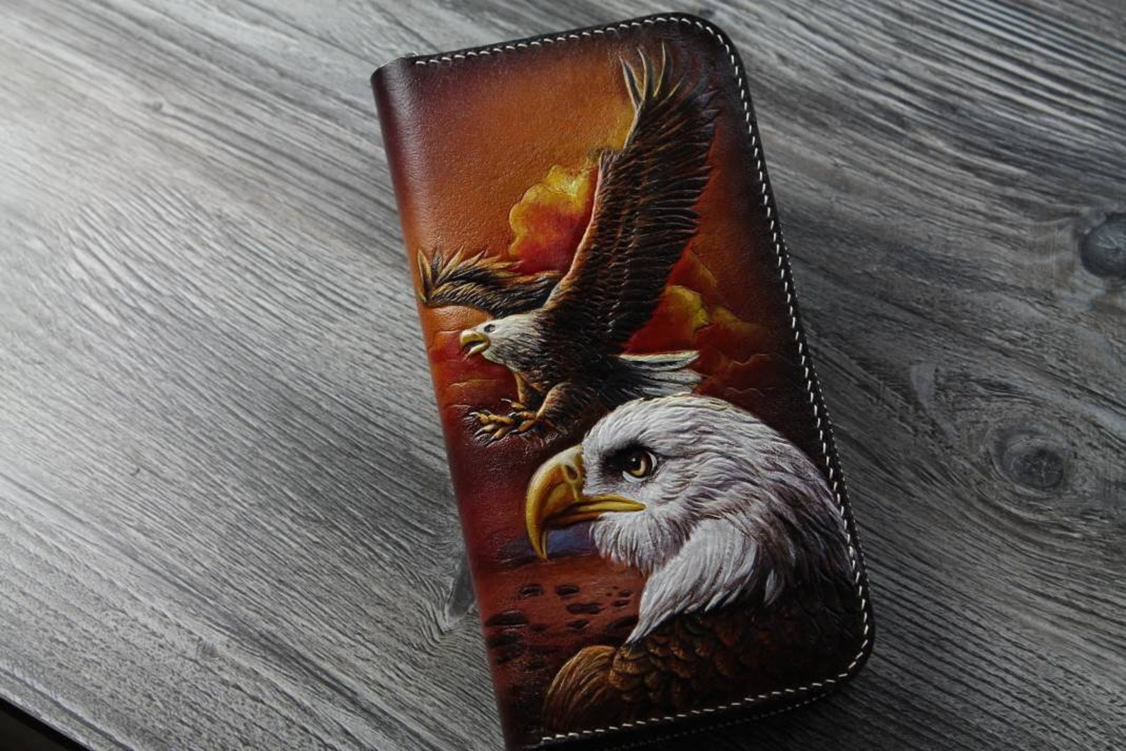 Leather Wallet Zipper Wallet American Eagle Hand Tooled Wallet - Etsy