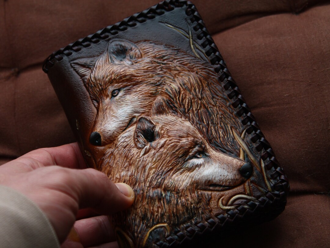 Hand-tooled Leather Wallet: Wolf Couple, Braided Passport Wallet - Etsy
