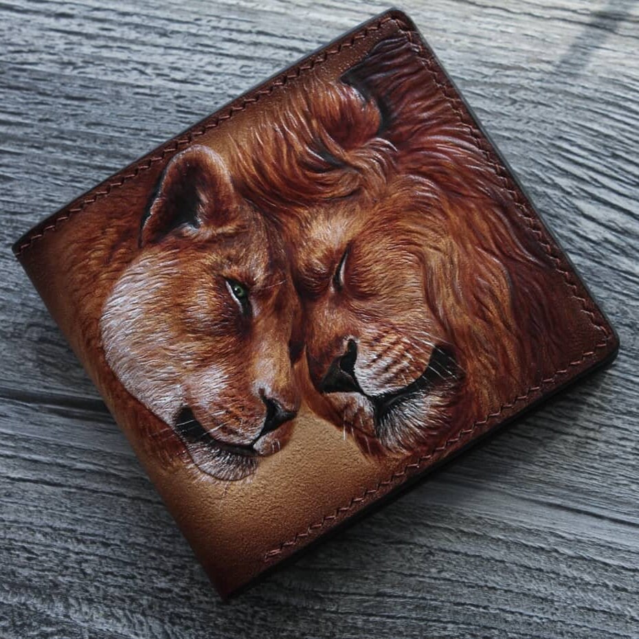 Lion Wallet Leather Wallet Hand Carved Wallet Lion Couple | Etsy