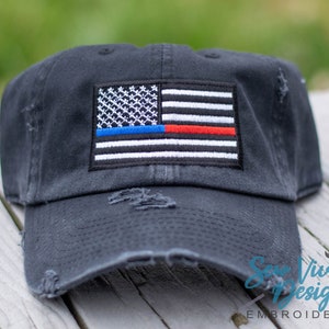 Blue and Red Line Hat | Distressed Baseball Cap OR Ponytail Hat | Thin ...