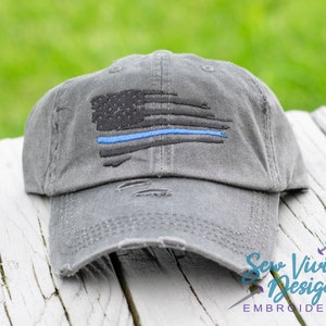 Thin Blue Line Hat, Distressed Baseball Cap With Thin Blue Line Flag ...