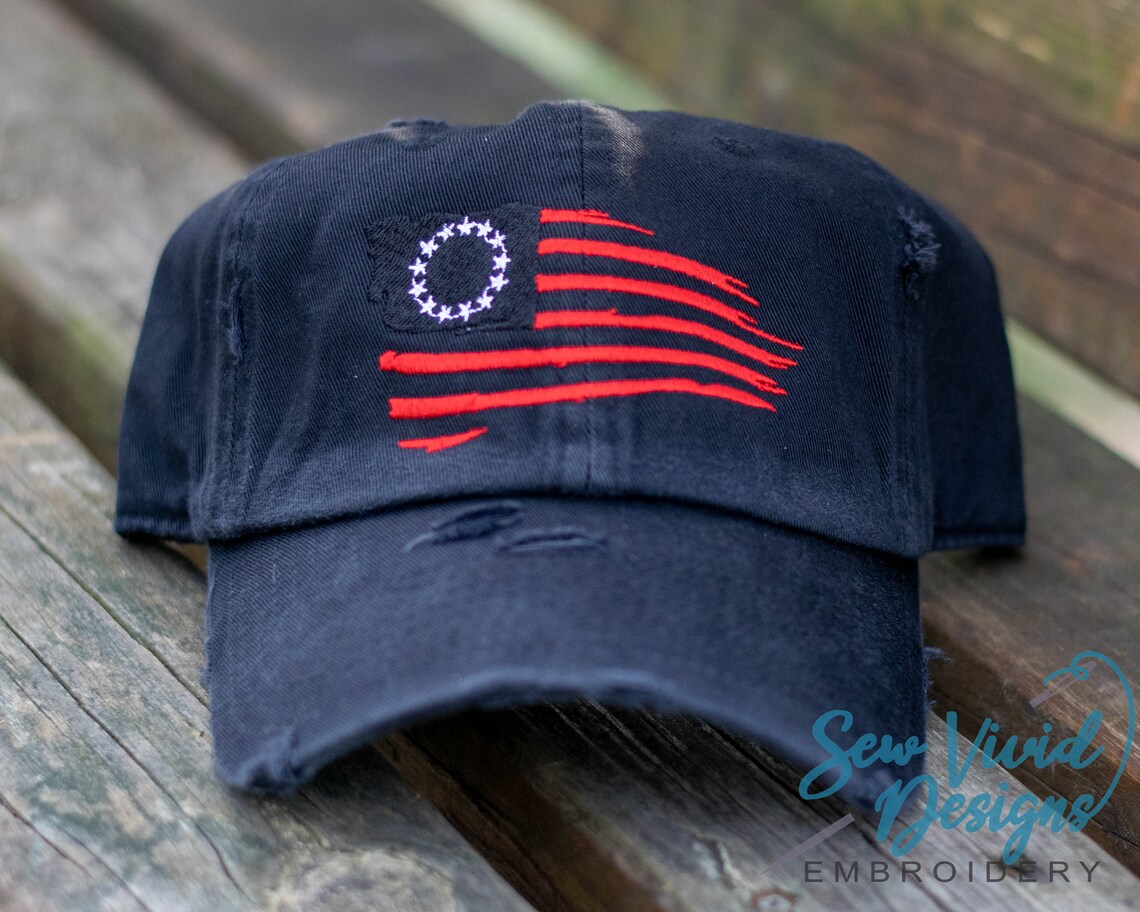 Waving Betsy Ross Flag | Distressed Baseball Cap OR High Ponytail Hat ...
