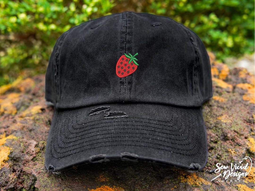 Strawberry Hat | Distressed Baseball Cap OR Ponytail Hat | Embroidered Fruit Hat | Strawberries ...
