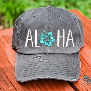 Aloha Hat | Distressed Baseball Cap OR Ponytail Hat | Aloha Hibiscus ...