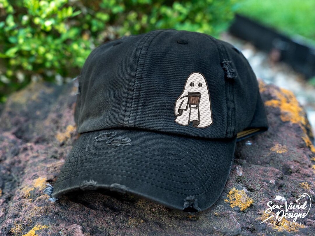 Ghost Coffee Hat | Distressed Baseball Cap OR Ponytail Hat | Autumn Hat | Halloween Accessories ...