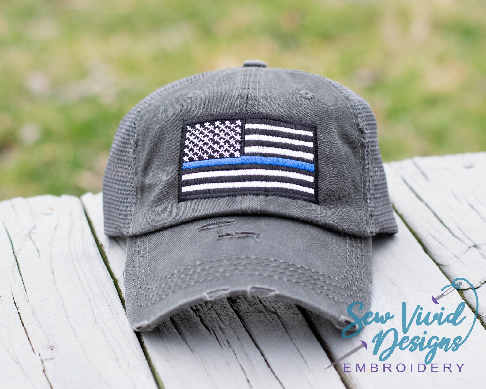 Thin Blue Line Hat Distressed Baseball Cap OR Ponytail Hat - Etsy
