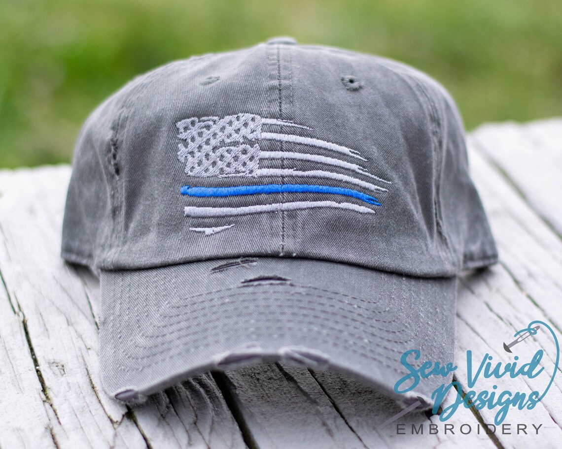 Thin Blue Line Hat, Distressed Baseball Cap With Thin Blue Line Flag ...