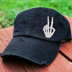 Skeleton Peace Sign Hat | Distressed Baseball Cap OR Ponytail Hat ...